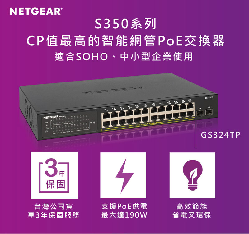NETGEAR S350系列 GS324TP 24埠 Giga智能網管型PoE交換器 - PChome 24h購物